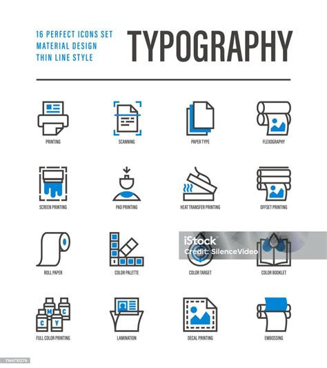 타이포그래피 폴리그래피 가는 선 아이콘 세트 인쇄 스캔 굴곡 오프셋 롤 페이퍼 컬러 팔레트 라미네이션 열 전달 인쇄 엠보싱 벡터 그림입니다 프린터하기에 대한 스톡 벡터 아트