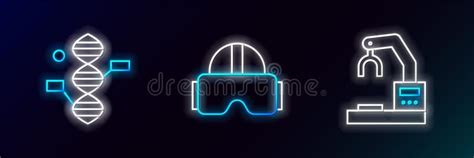 Set Line Robotic Robot Arm Hand Factory Dna Symbol And Virtual Reality Glasses Icon Glowing