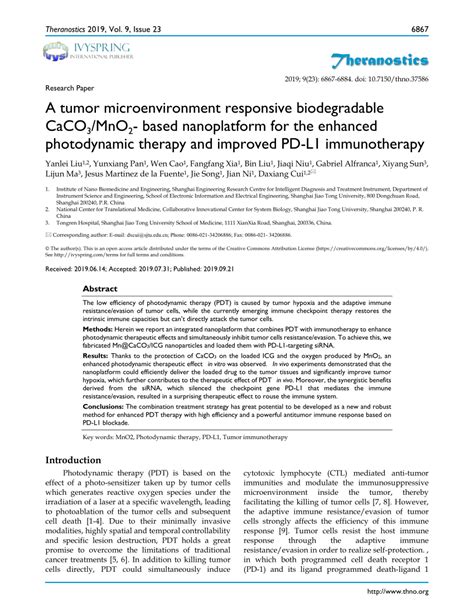 Pdf A Tumor Microenvironment Responsive Biodegradable Caco 3 Mno 2 Based Nanoplatform For