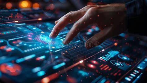 hand touching digital screen with data and charts representing