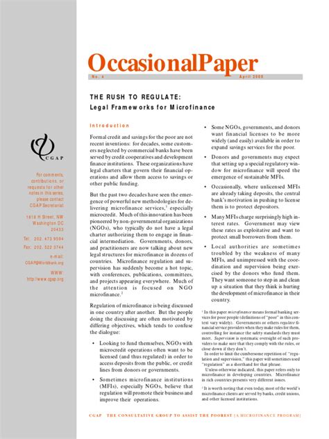 Christen The Rush To Regulate Legal Frameworks For Microfinance Apr 2000 Pdf Microfinance