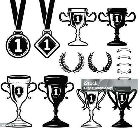 흑백 우승자 컵 메달 화 환 흰색 배경에 고립의 집합입니다 벡터 일러스트 레이 션 금속에 대한 스톡 벡터 아트 및 기타 이미지