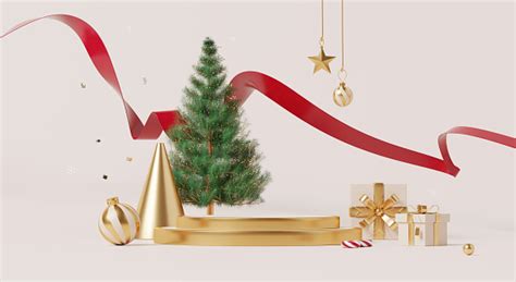 3d 렌더링 메리 크리스마스와 연단이 있는 새해 복 많이 받으세요 배경 황금색 악센트와 빨간 리본이 있는 축제 크리스마스 트리 0명에 대한 스톡 사진 및 기타 이미지