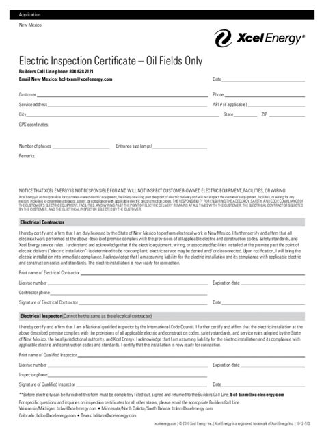 Fillable Online Electric Inspection Certificate Oil Fields Only Xcel Energy Fax Email Print
