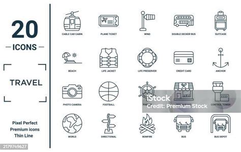 여행 선형 아이콘 세트입니다 얇은 라인 케이블카 캐빈 해변 사진 카메라 세계 버스 차고 구명 조끼 보고서 프리젠 테이션 다이어그램 웹 디자인을위한 컨트롤 타워 아이콘을 포함