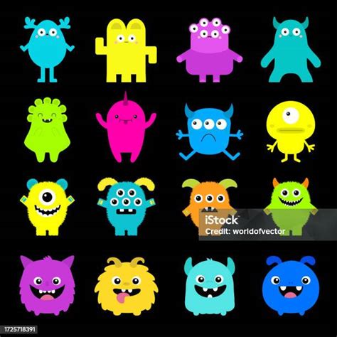 해피 할로윈 몬스터 세트 귀여운 만화 Kawaii 다채로운 무서운 캐릭터 아이콘입니다 눈 뿔 혀 송곳니 손 이빨 재미있는 유치한