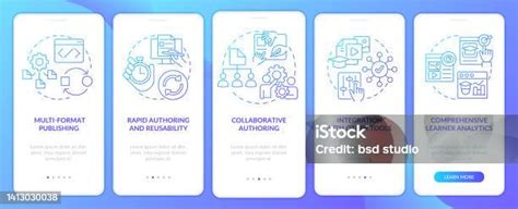 Lcms 특성 블루 그라디언트 온보딩 모바일 앱 화면 Brand Name Smart Phone에 대한 스톡 벡터 아트 및 기타 이미지 Brand Name Smart