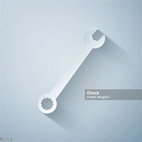 회색 배경에 격리 된 종이 컷 스패너 아이콘 종이 아트 스타일입니다 벡터 일러스트레이션 3차원 형태에 대한 스톡 벡터 아트 및 기타 이미지 3차원 형태 강철 개념