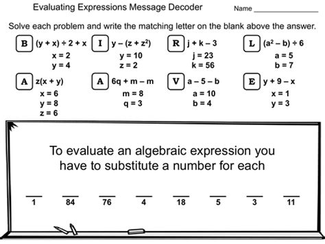 evaluating algebraic expressions worksheet math message decoder