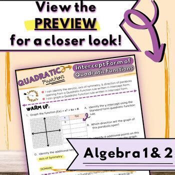 Graphing Intercept Form Quadratic Functions Note Guide Algebra 1 2