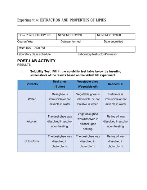 Lipids Post Lab Activity Experiment 4 Extraction And Properties Of Lipids Bs Psychology 2 1