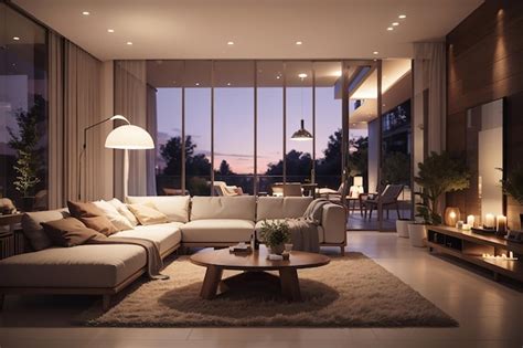 Premium Ai Image Modern House Interior Night Evening Lighting 3d