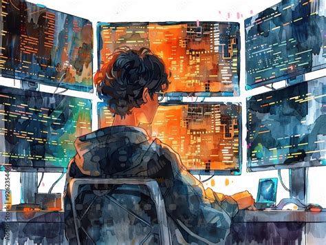 digital intricacies intense gen z coder hacking in watercolor style