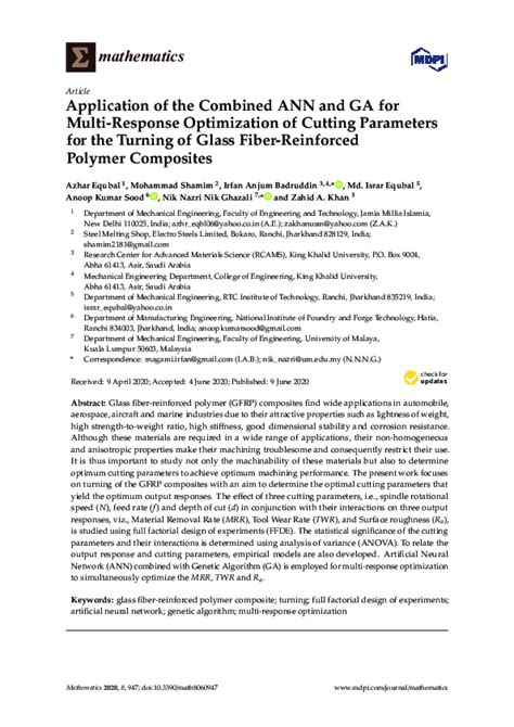 Pdf Application Of The Combined Ann And Ga For Multi Response Optimization Of Cutting