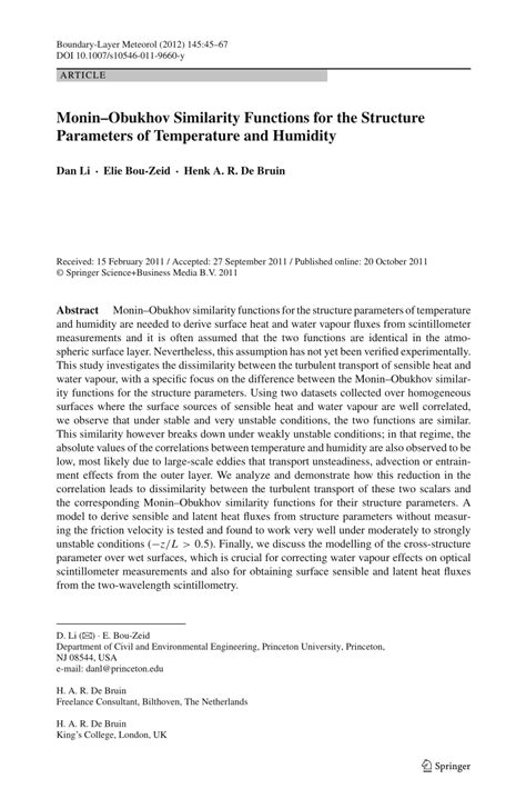 Pdf Monin Obukhov Similarity Functions For The Structure Parameters Of Temperature And Humidity