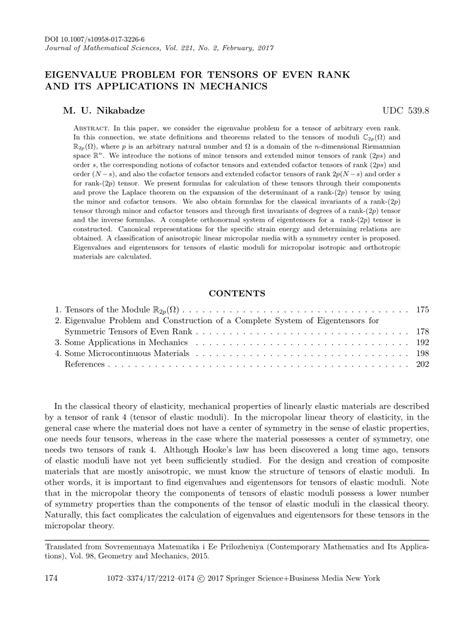 Pdf Eigenvalue Problem For Tensors Of Even Rank And Its Applications