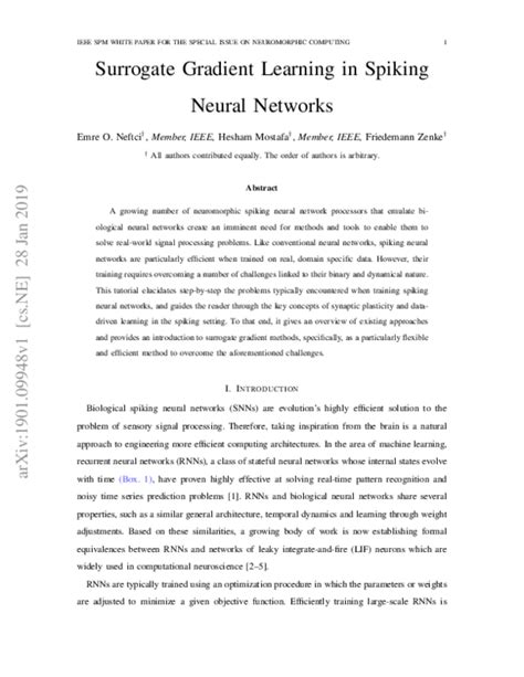 Pdf Surrogate Gradient Learning In Spiking Neural Networks Bringing