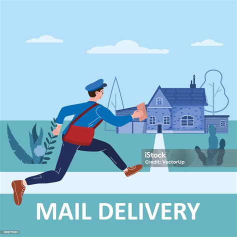 우편 배달부는 주소로 봉투에 편지를 배달 가방으로 실행합니다 제복을 입은 우송함 배달 서비스 벡터 일러스트레이션 달리기에 대한 스톡 벡터 아트 및 기타 이미지 Istock