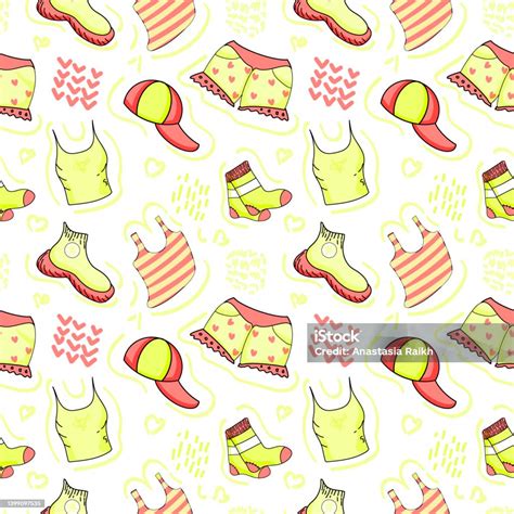 밝은 여름 옷의 매끄러운 패턴 흰색 배경에 손으로 그린 낙서 요소 자선을위한 옷 민소매 셔츠 티셔츠 반바지 양말 및 운동화 중고 의류 아이디어 귀여운에 대한 스톡 벡터 아트