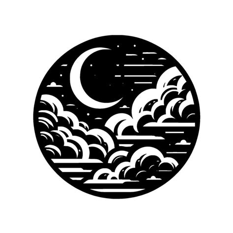 A Stylized Monochrome Moonlit Night Scene Within A Circular Frame Featuring Clouds Stars And