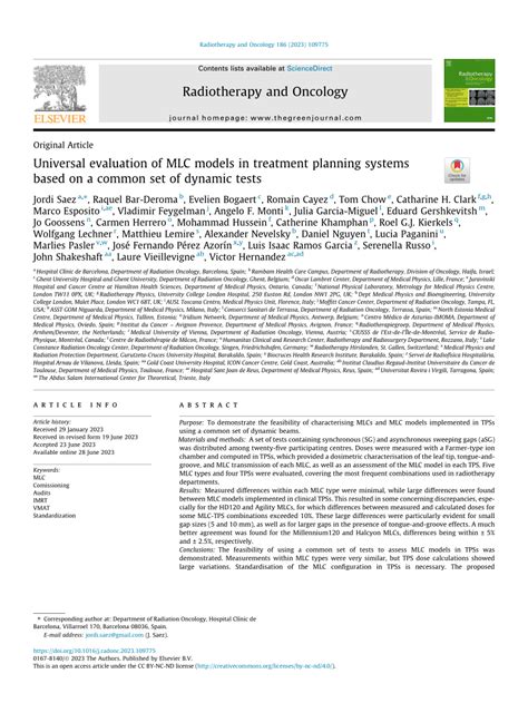 Pdf Universal Evaluation Of Mlc Models In Treatment Planning Systems