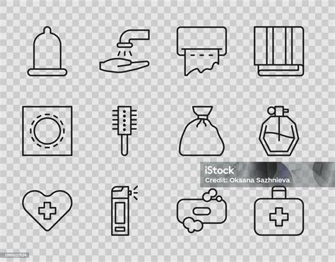 십자가 응급 처치 키트 벽에 종이 타월 디스펜서 병 노즐 스프레이 콘돔 헤어 브러시 비누와 향수 아이콘의 바 세트 라인 하트 벡터 벡터에 대한 스톡 벡터 아트 및 기타