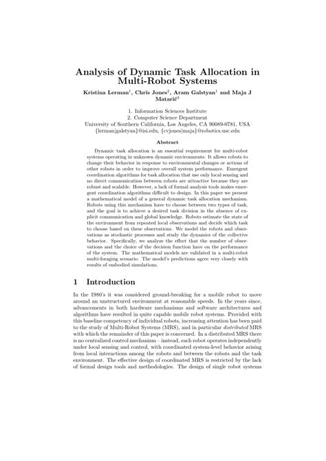 pdf analysis of dynamic task allocation in multi robot systems