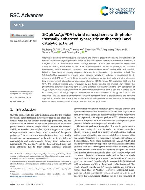 Pdf Sio2auagpda Hybrid Nanospheres With Photo Thermally Enhanced