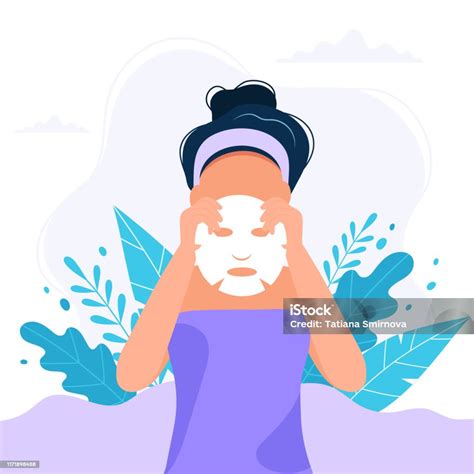 스킨 케어 루틴 그녀의 얼굴에 시트 마스크를 넣어 여자 뷰티 루틴 플랫 스타일의 귀여운 벡터 일러스트 마스크 팩에 대한 스톡