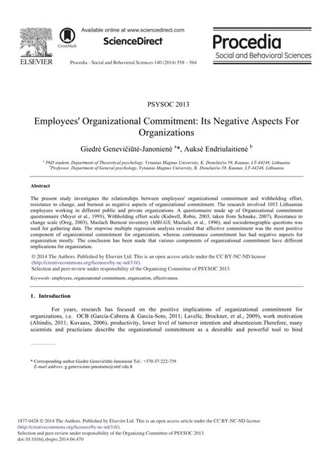 Pdf Employees Organizational Commitment Its Negative Aspects For Organizations