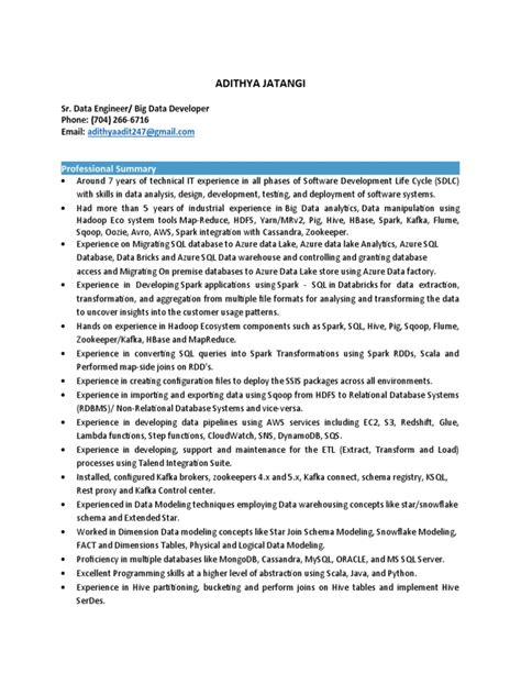 adithya jatangi professional summary pdf apache spark apache hadoop