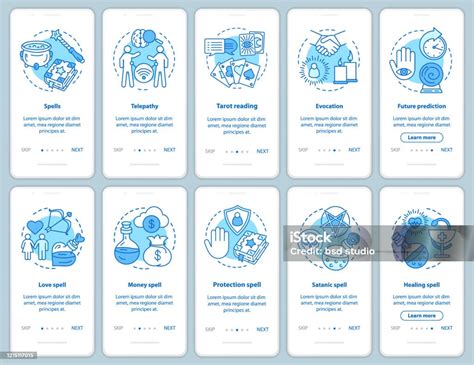 선형 개념 세트와 모바일 앱 페이지 화면을 온보딩 마법 주문 마법과 마법 연습 단계 그래픽 지침 Ux Ui 그림이 있는 Gui 벡터 템플릿 개념에 대한 스톡 벡터 아트 및