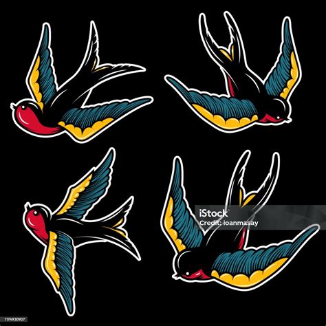 구식 문신 스타일의 제비 일러스트 세트입니다 포스터 카드 배너 전단지 벡터 일러스트레이션 문신에 대한 스톡 벡터 아트 및 기타