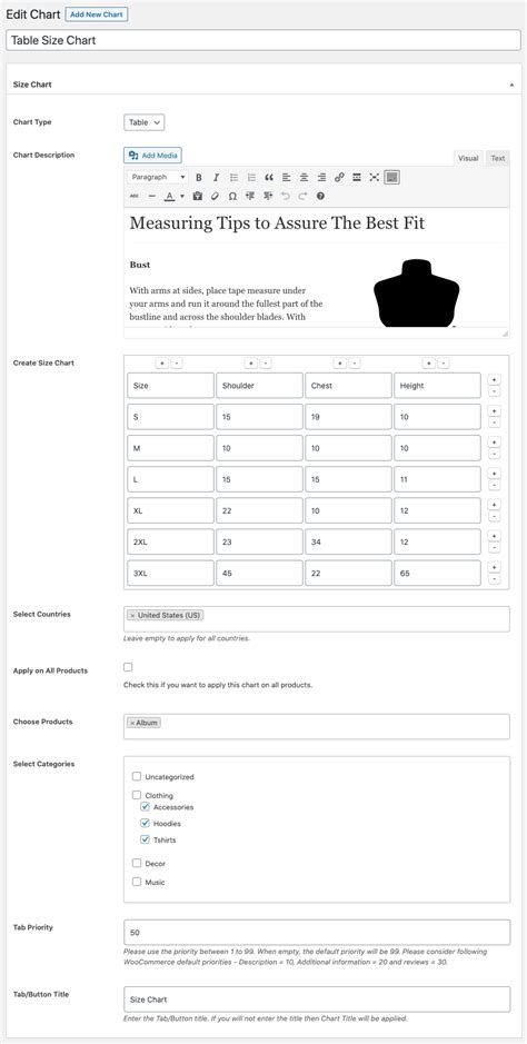 Woocommerce Size Chart Product Size Guide And Specifications