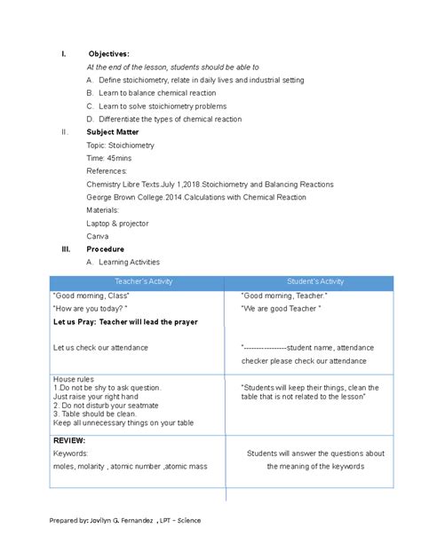 Lesson Plan Stoichiometry I Objectives At The End Of The Lesson