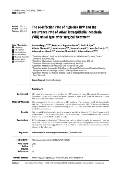 Pdf The Re Infection Rate Of High Risk Hpv And The Recurrence Rate Of
