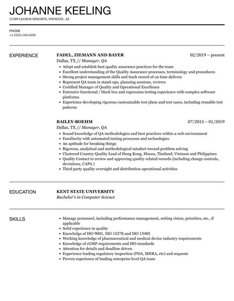 Manager QA Resume Samples Velvet Jobs