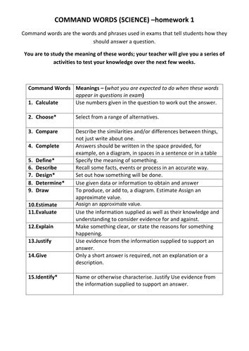 Science Command Words Activities For New Gcse Teaching Resources
