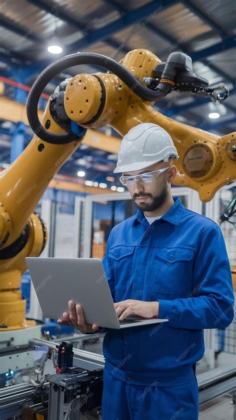 At The Factory Automation Engineer Uses Laptop For Programming Robotic Arm Premium Ai
