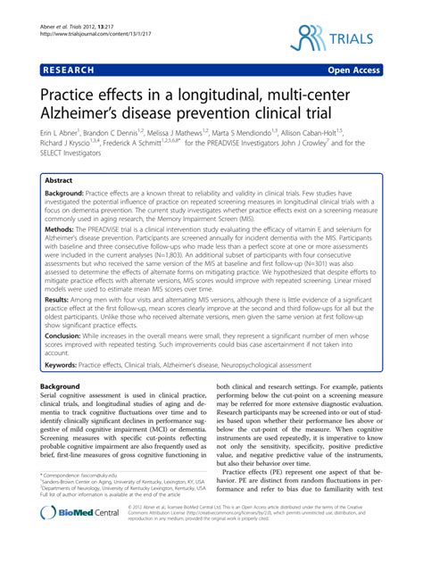 Pdf Practice Effects In A Longitudinal Multi Center Alzheimers Disease Prevention Clinical Trial
