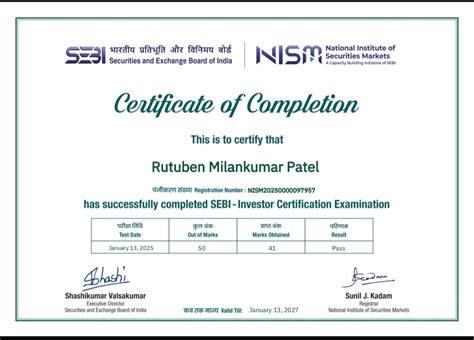 Successfully Completed Sebi Investor Certification Exam Maqsood Memon Rutu Patel