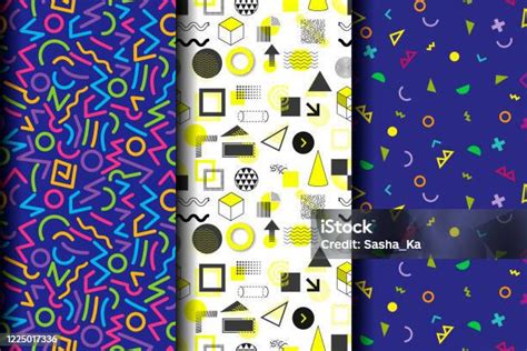 기하학적 스타일 장식 3 원활한 벡터 패턴의 집합입니다 좋은 벡터 배경 벽지 포장지 또는 직물에 적합합니다 1980 1989 년에 대한 스톡 벡터 아트 및 기타 이미지