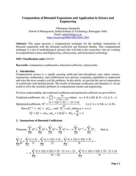 Pdf Computation Of Binomial Expansions And Application In Science And