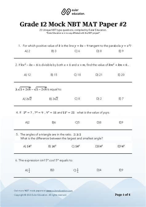 NBT Practice Paper 2 Question Paper Rev1 Get More NBT Mock Papers At Eulereducation Grade 12
