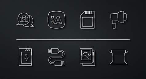 라인 사진 카메라 배터리 소프트 박스 조명 프레임 Usb 케이블 코드 자동 플래시 빈 사진 스튜디오 및 Sd 카드 아이콘을 설정합니다 벡터 Usb 케이블에 대한 스톡 벡터