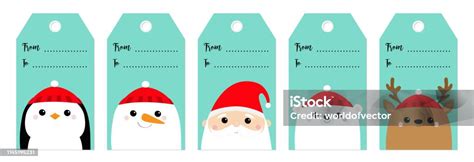 크리스마스 선물 태그 세트입니다 산타 클로스 흰 북극곰 눈사람 무지개 사슴 펭귄 조류 얼굴입니다 새 해 귀여운 만화 재미 귀 엽 다 아기 캐릭터 평면 디자인 파란 눈