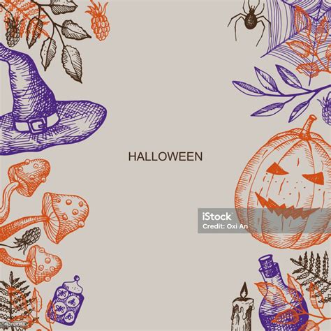 호박 랜턴 버섯 거미 식물 손으로 그린 기호가 있는 가을 휴가를 위한 할로윈 벡터 그림 배경 템플릿입니다 카드 포스터 거짓말 탐지기 배너 텍스트 디자인 요소 꽃 식물에 대한