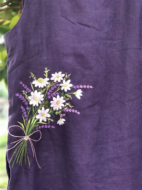 Hand Embroidered Linen Dress Dark Purple Daisy Lavender Bouquet Etsy