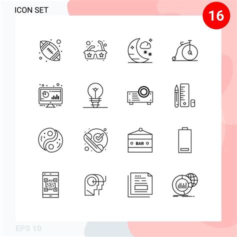 Stock Vector Icon Pack Of 16 Line Signs And Symbols For Pc Computer Moon Bar Vehicle Editable