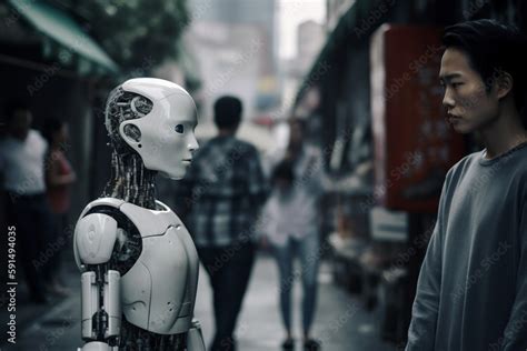 A Robot Talks To A Pedestrian In A Narrow Side Street Life With Robots Humanoid Android With